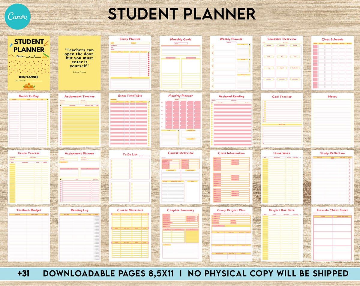 Student Planner Canva Editable Templates, 8,5x11 inch A4 size, For ...