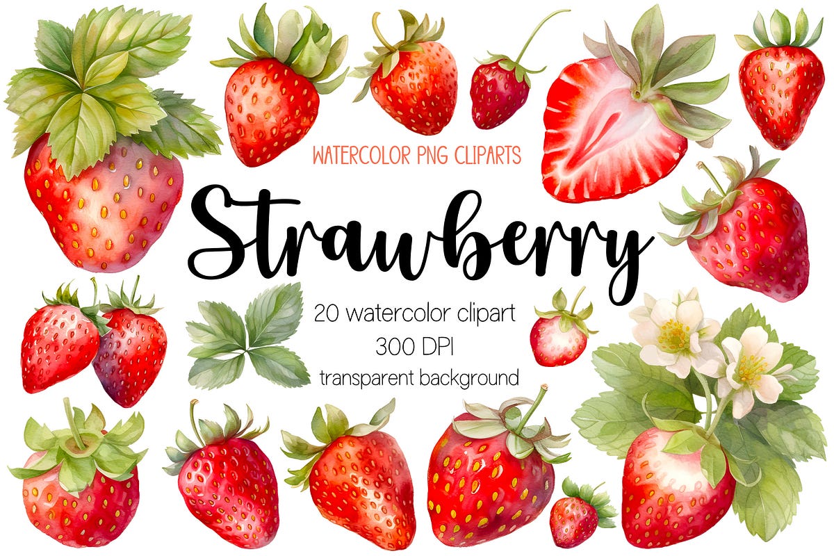 Watercolor Strawberry Clipart Bundle PNG Free | by Optimisticgill | Oct ...