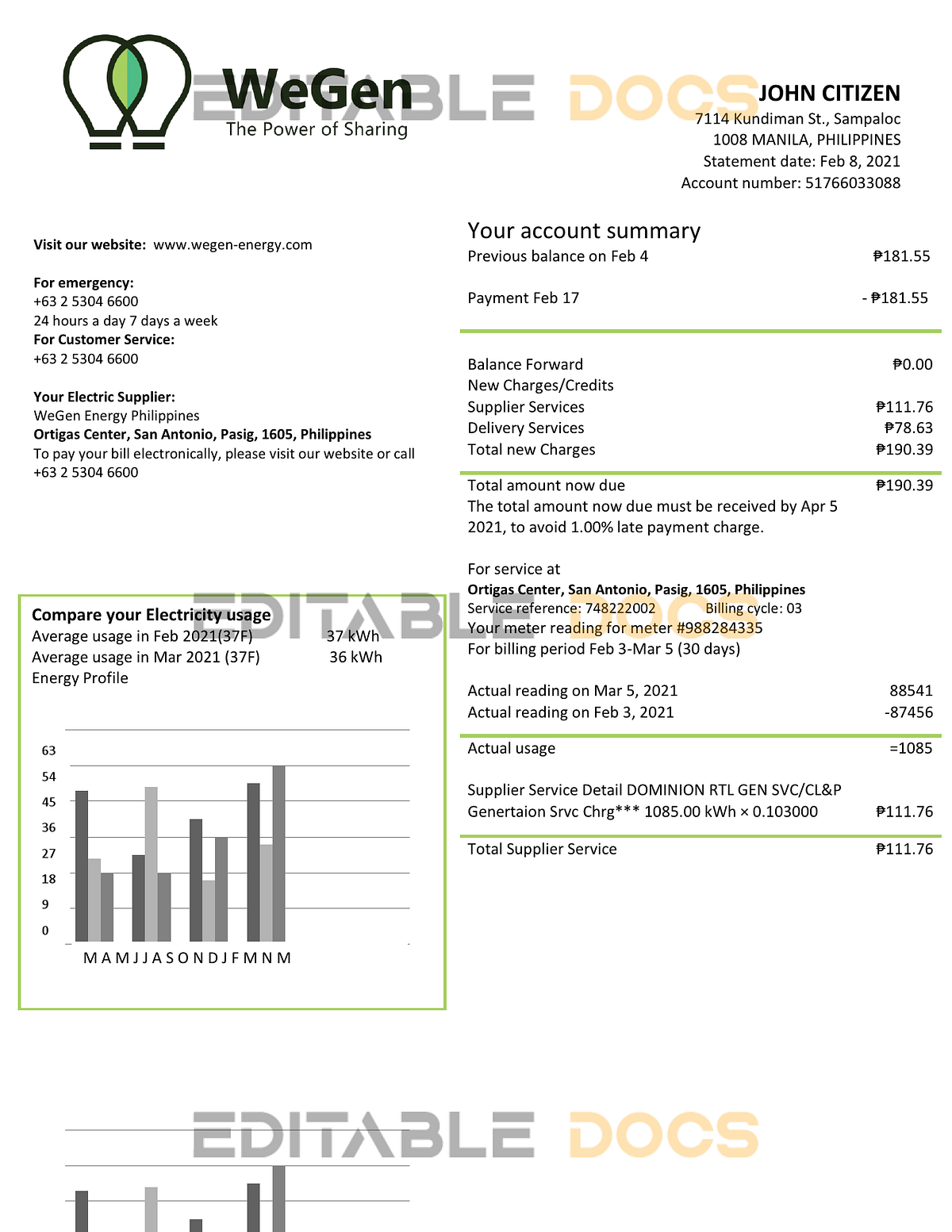 Philippines WeGen Energy Philippines utility bill template in Word and ...