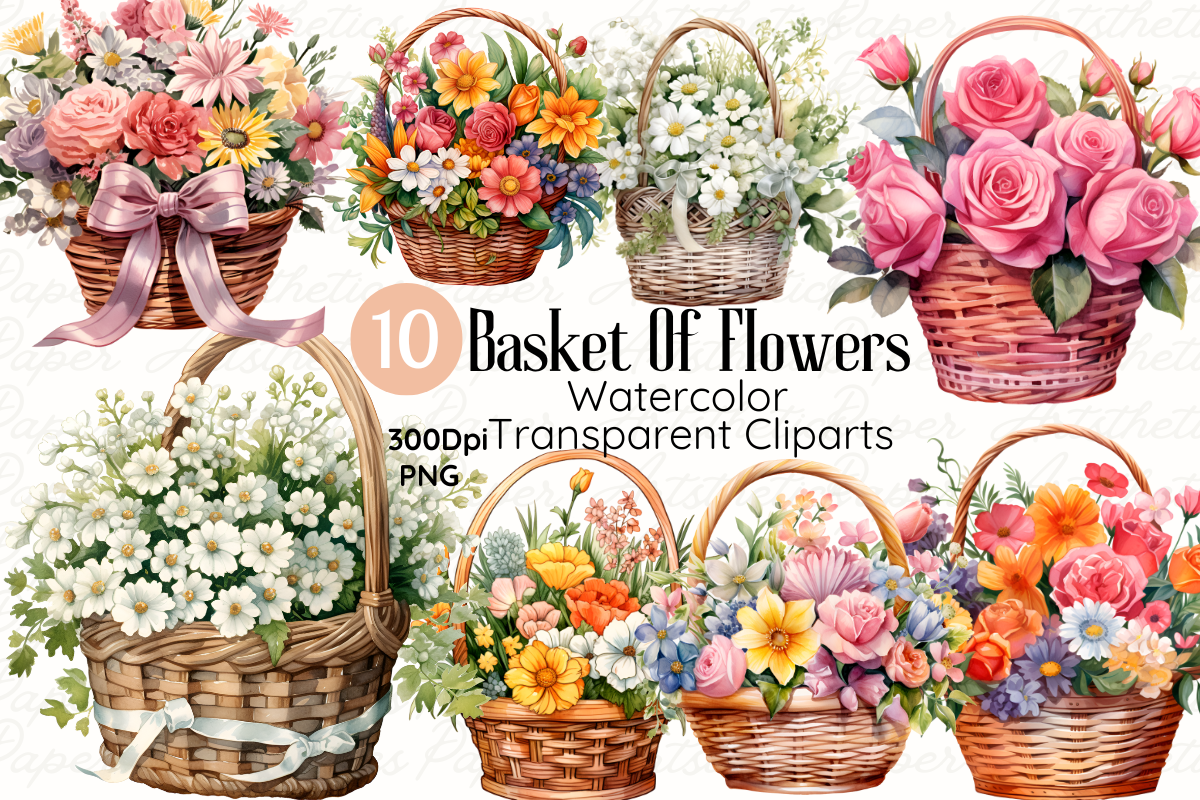 Basket of Flowers Watercolor Clipart PNG | by Isabellainnovista | Jul ...