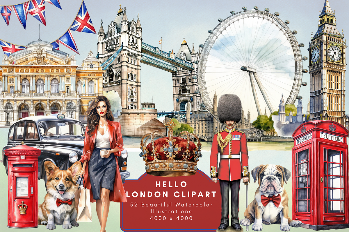 Hello London Watercolor Clipart - Cyberceleste - Medium