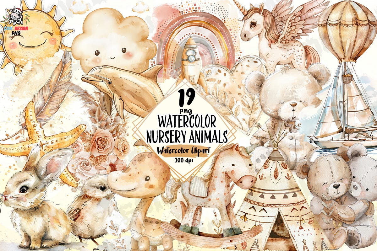 Watercolor Nursery Animals Clipart PNG Free | by William Ang | May ...