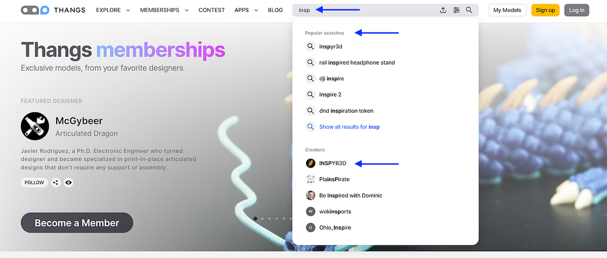Thangs.com Search: Creator Social Pages now featured in Autocomplete ...