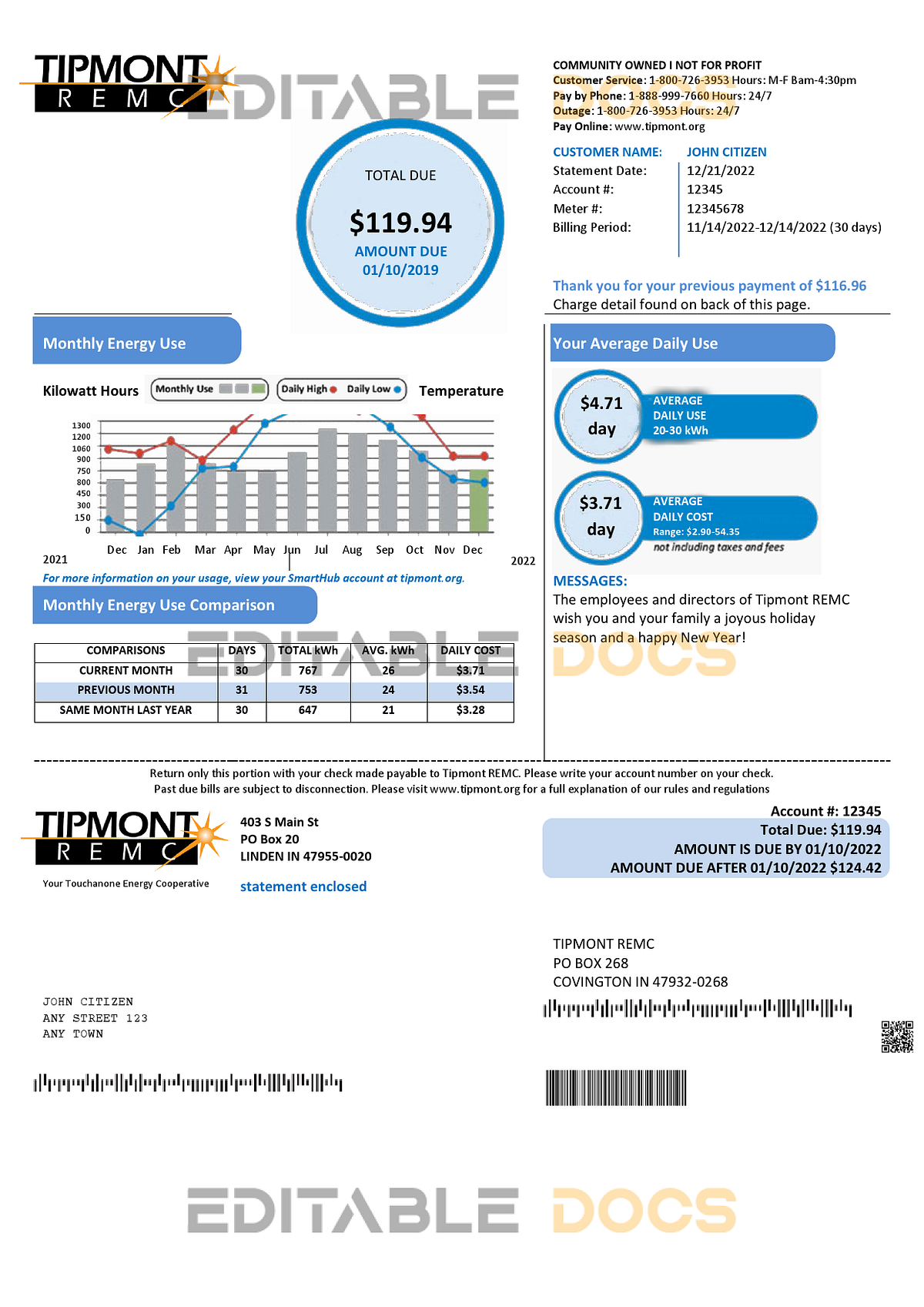 USA Indiana Tipmont utility bill template in Word and PDF format ...