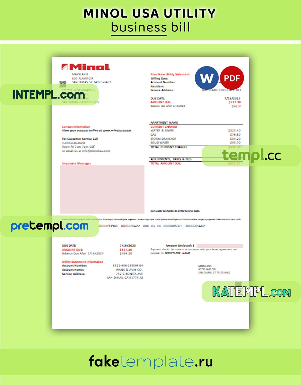 Minol USA business utility bill, Word and PDF template | by ...