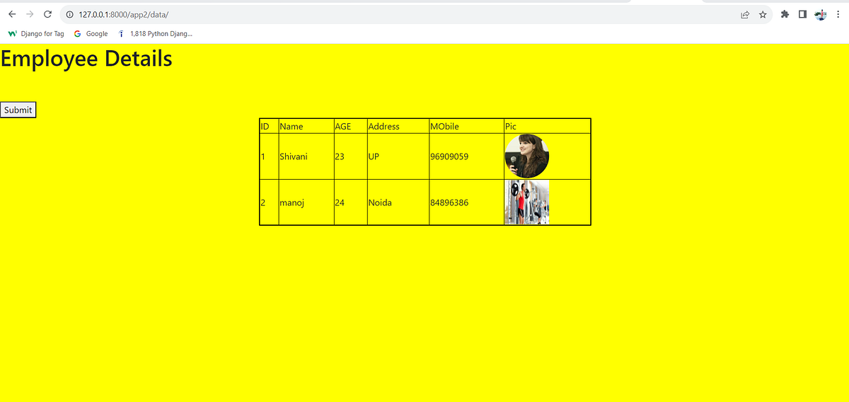 Display the table with image|| Django forms & html register form ...