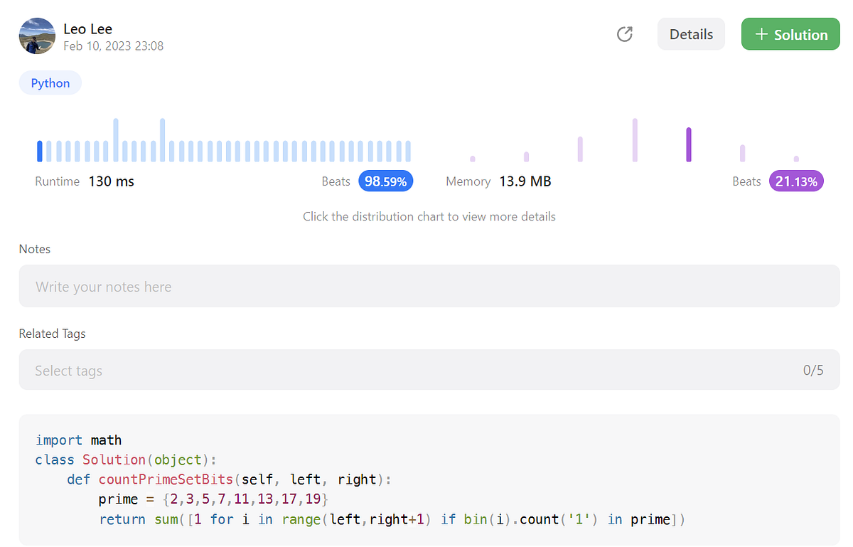 Leecode Ex11 762 Prime Number Of Set Bits In Binary By Leoblacktea 5602