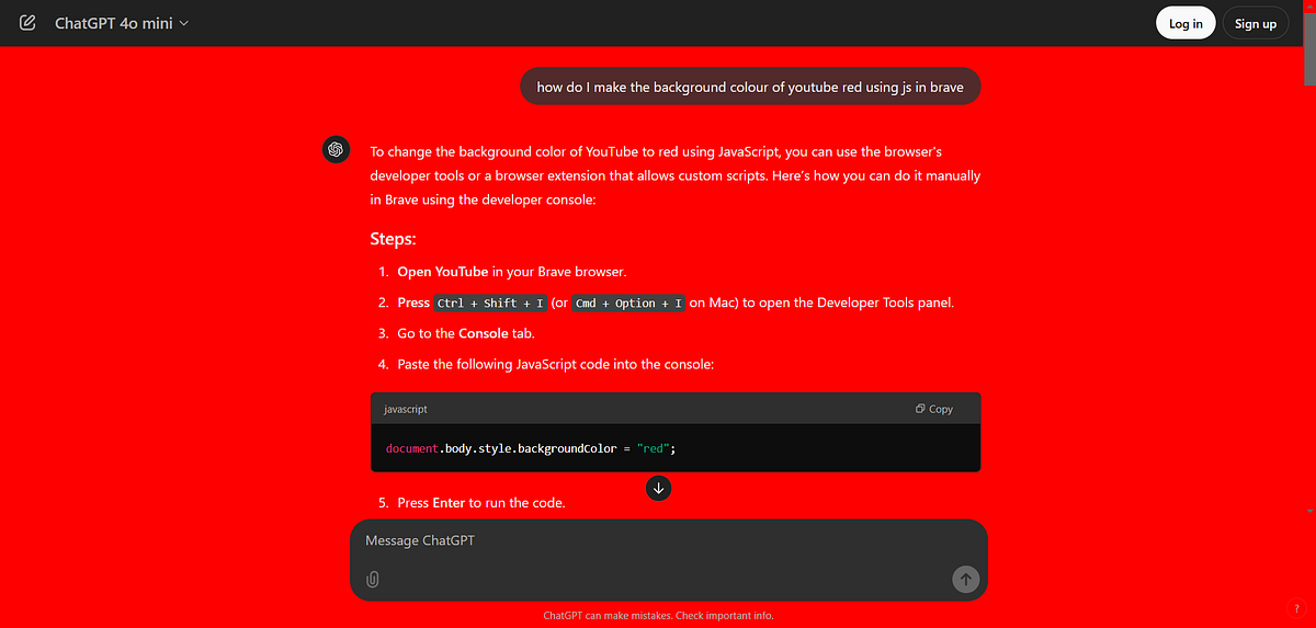 How to Change the Background Color of ChatGPT to Red Using JavaScript | by Aardvark Infinity ...