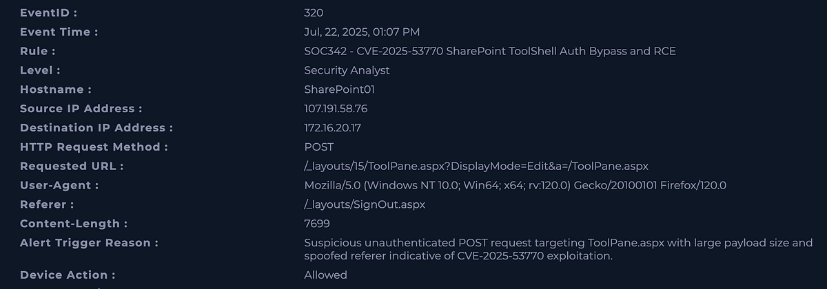 LetsDefend walkthrough — SOC342 — CVE‑2025‑53770 SharePoint ToolShell Auth Bypass and RCE | by ...