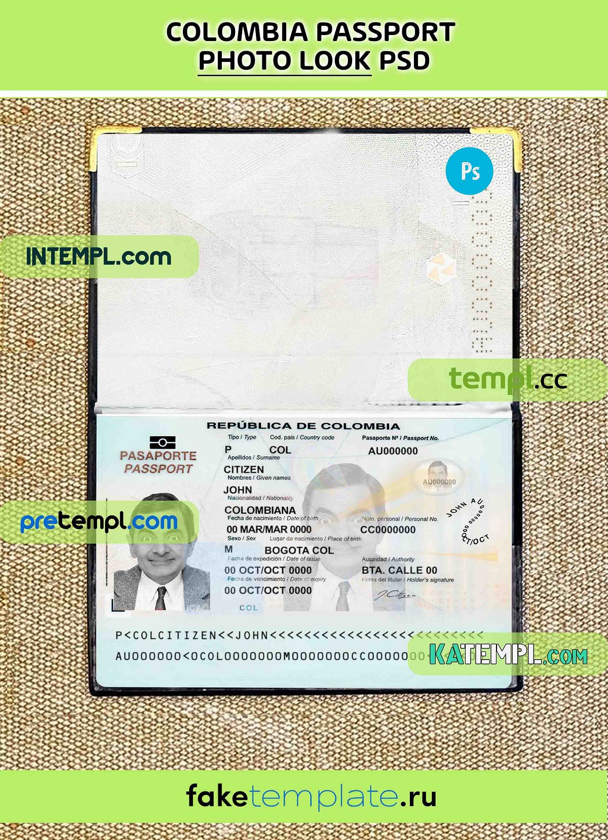 Colombia passport PSD files, editable scan and photo-realistic look ...