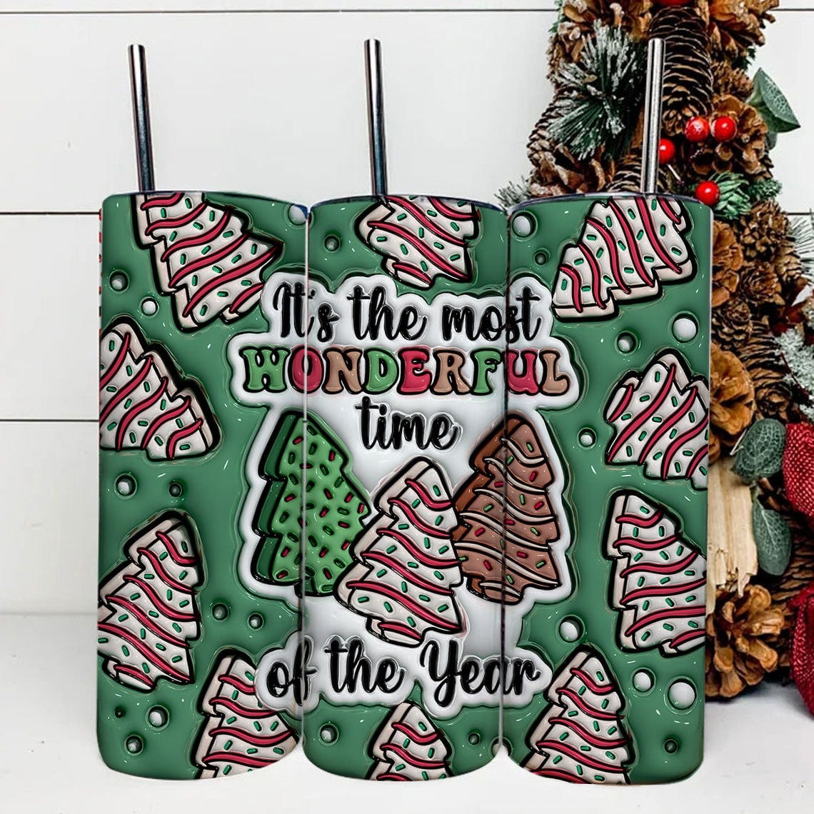 3D Christmas Tree Cake Inflated Tumbler Wrap, Tis The Season Xmas, 3D ...