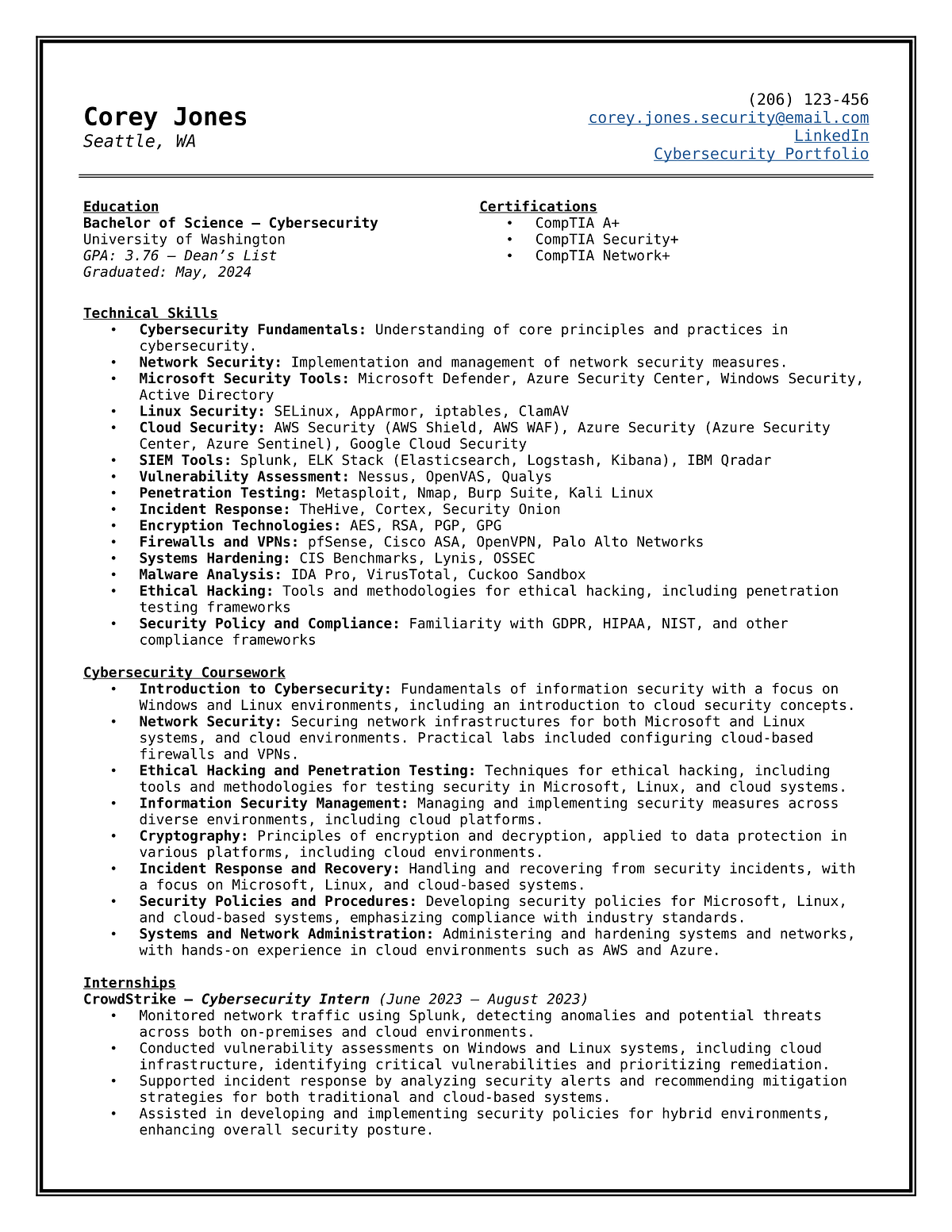 Resume for recent Cybersecurity graduate, Corey Jones. - Good Career ...