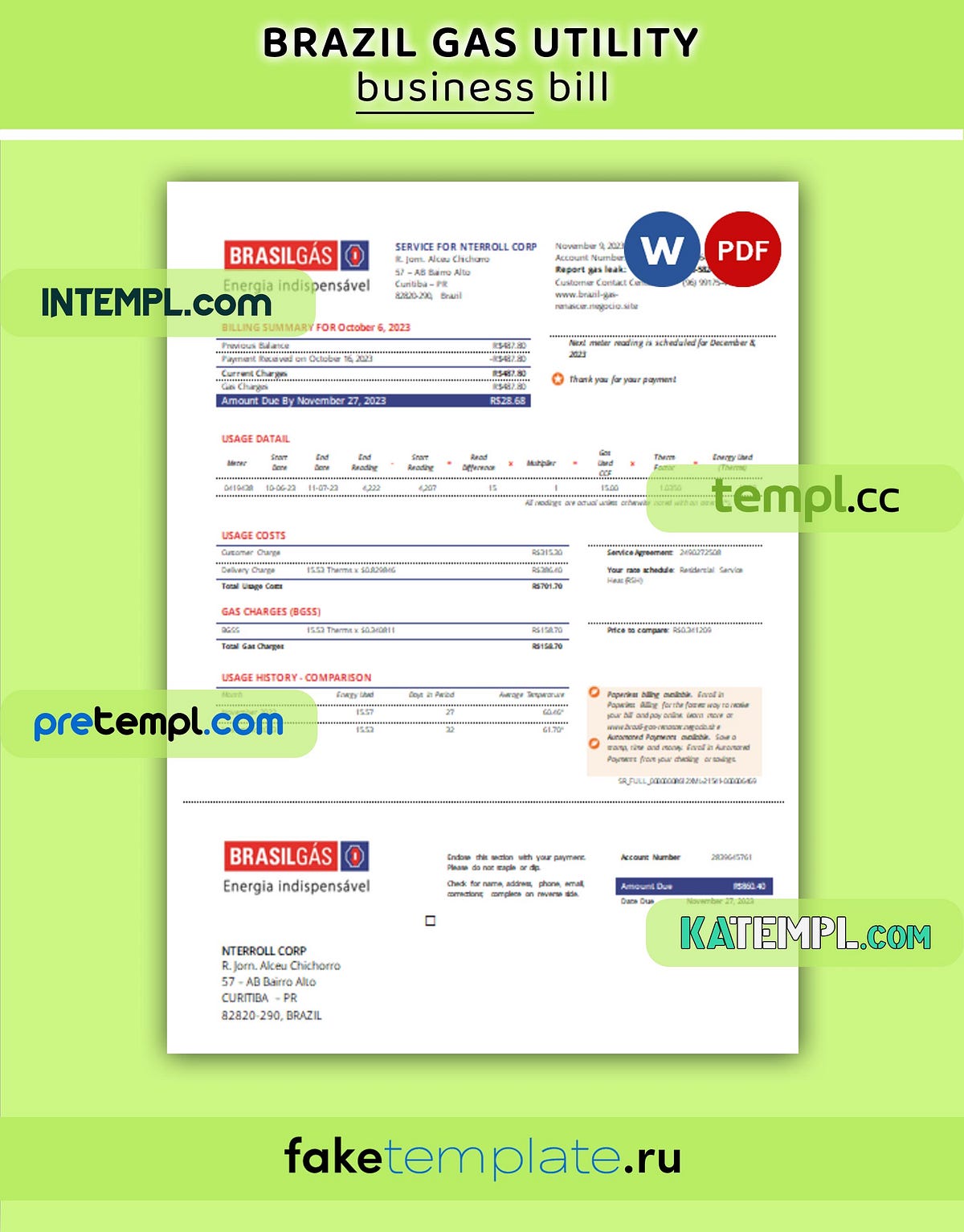 Brazil Gas business utility bill, Word and PDF template | by ...