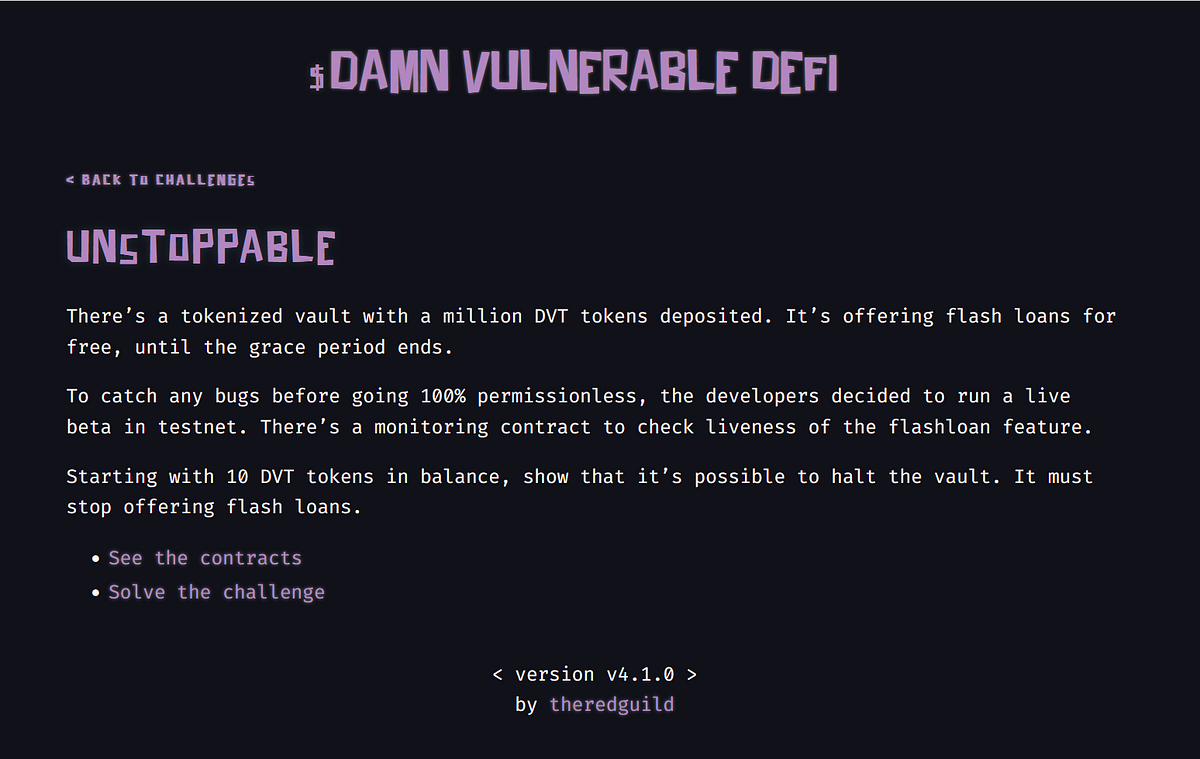 Challenge 1: Unstoppable, Damn Vulnerable DeFi v4 | by shadow | CoinsBench