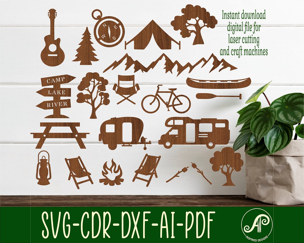 Camping designs, 18 laser cut shapes vector files SVG, ai, cdr, dxf ...