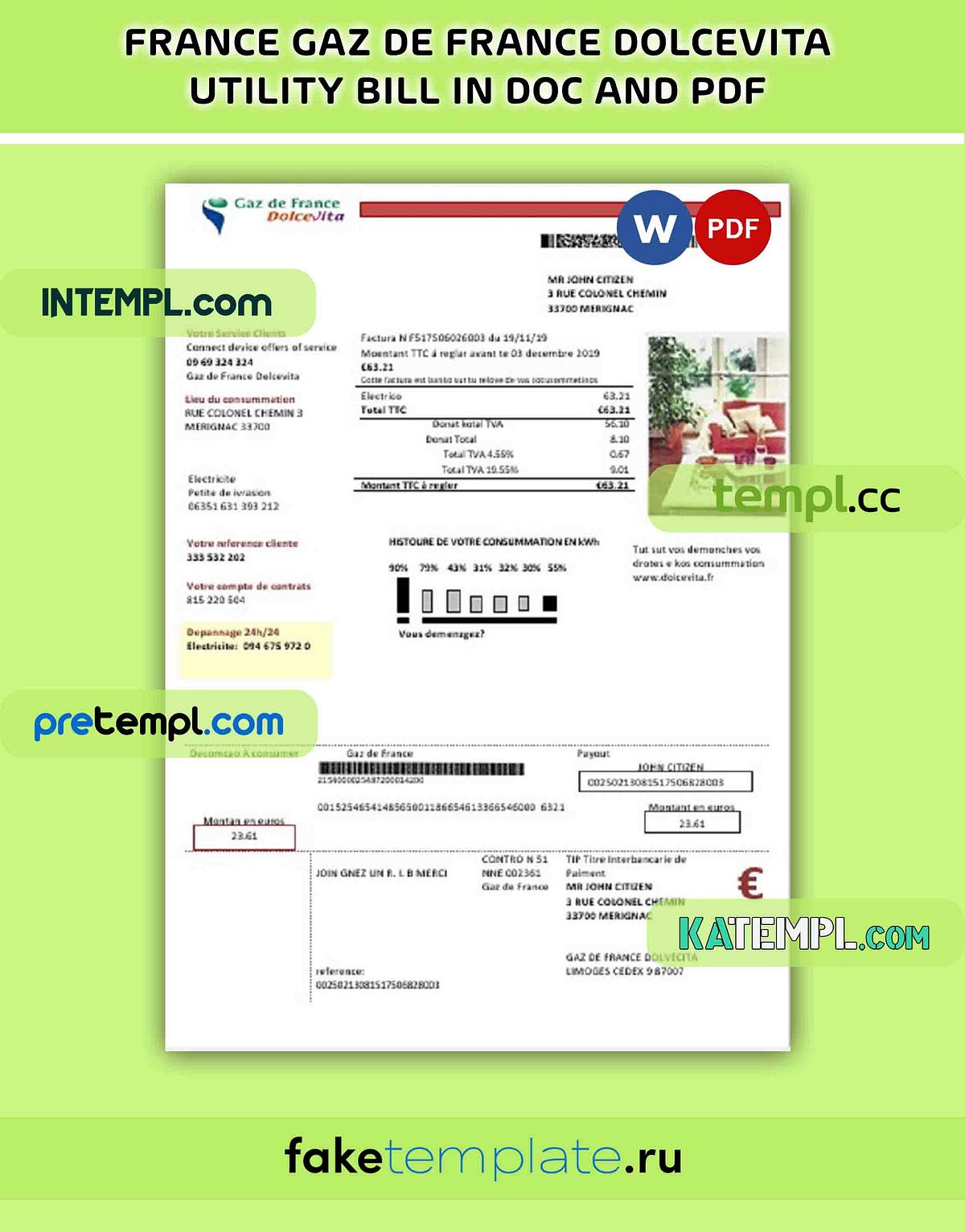 French Gaz de French Dolcevita utility bill download example in Word ...