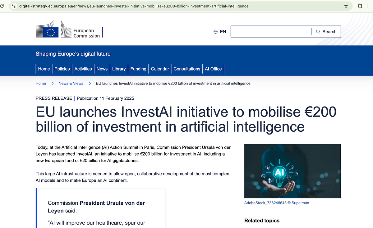 EU launches InvestAI initiative to mobilise €200 billion of investment in artificial ...