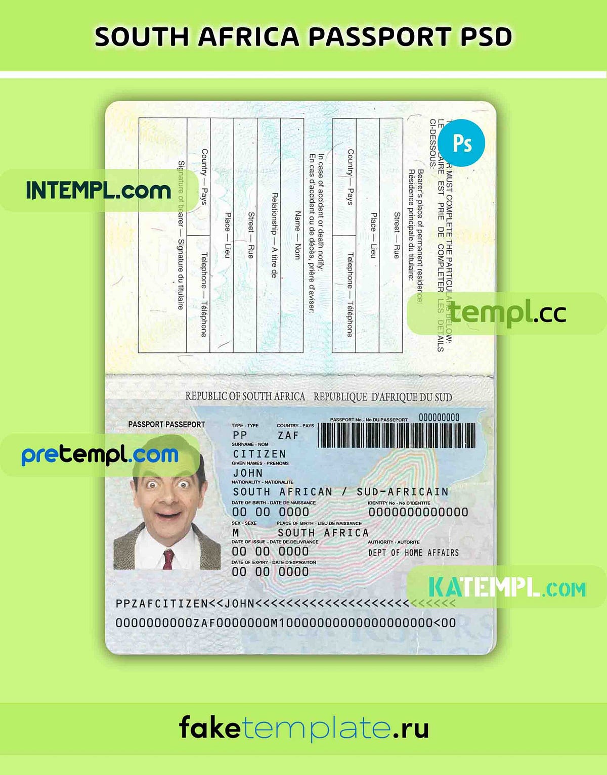 South Africa passport PSD download template (1996–2009) - Intempl Pass ...
