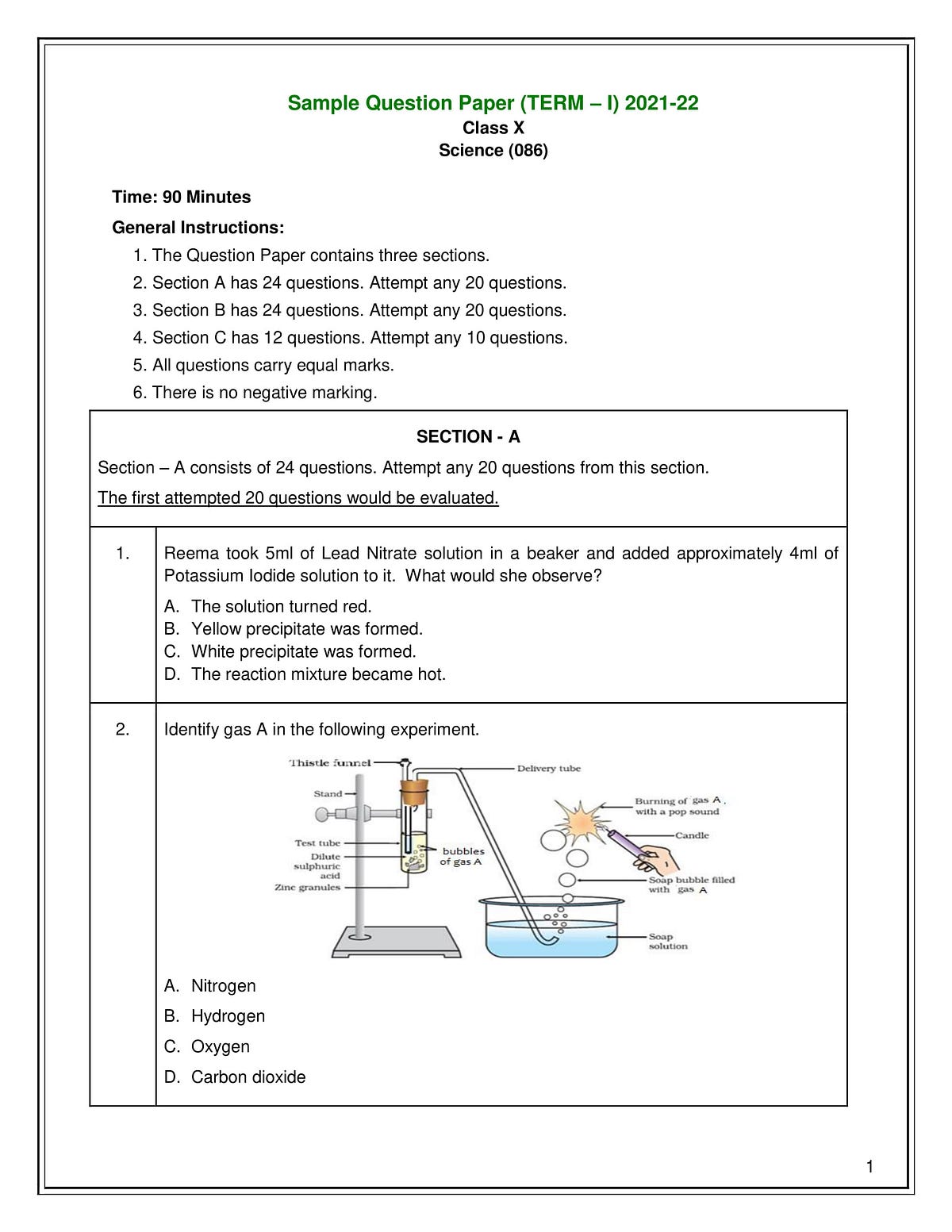 Looking Class X Science Sample Question Paper (TERM — I) 2021–22 ...