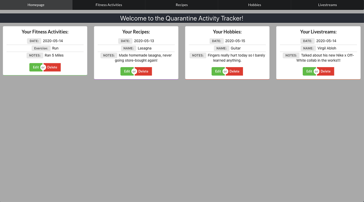 Quarantine Activity Tracker via React+Redux | by Gregory Losco | Medium