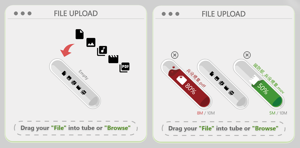 UI 100 #22_ File Upload日記. 盡量簡單平面化的設計，但想要帶點活潑性，所以加入試管的元素， 試管的發想：… | by Leeds | Medium