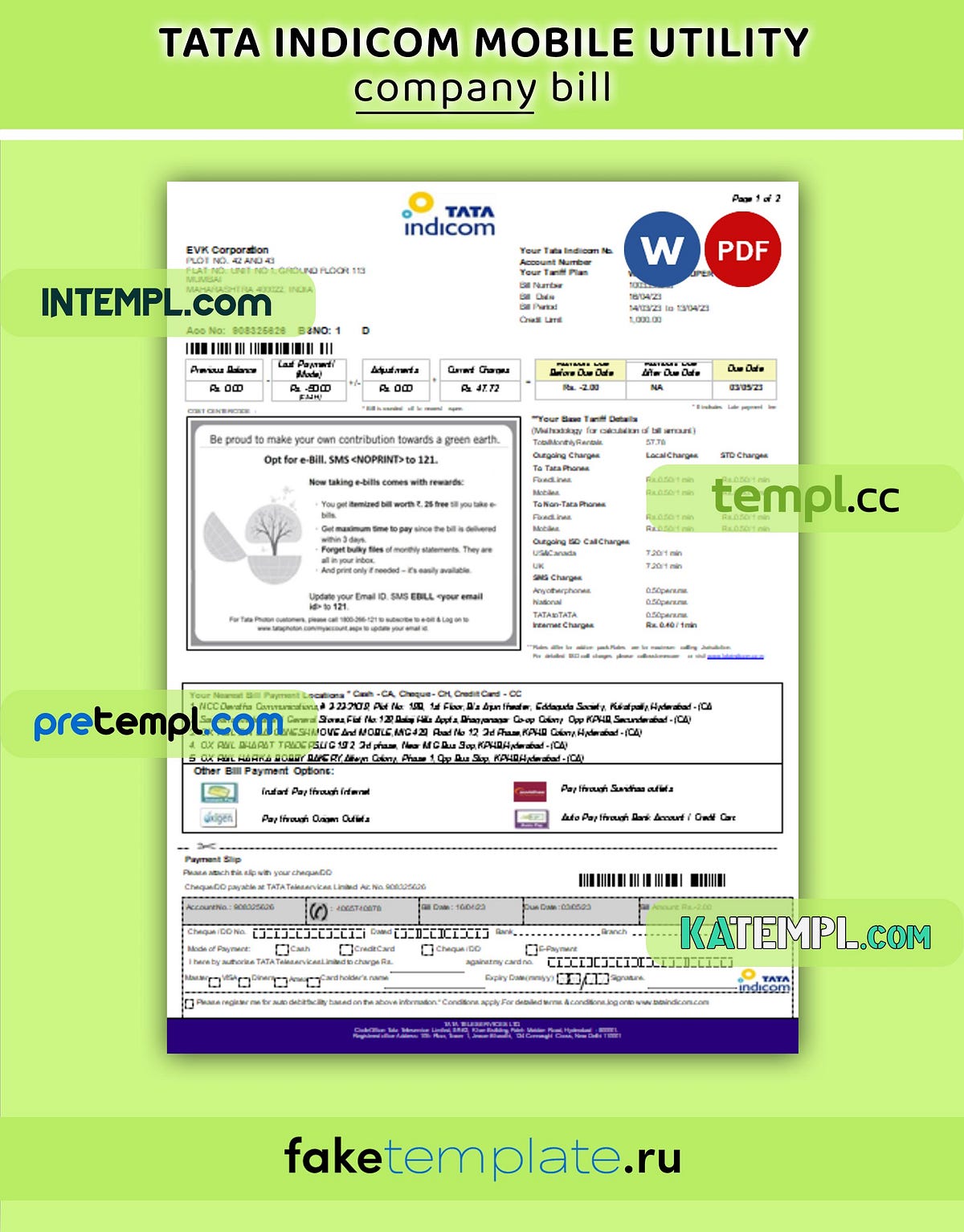 Tata Indicom mobile business utility bill, Word and PDF template | by ...