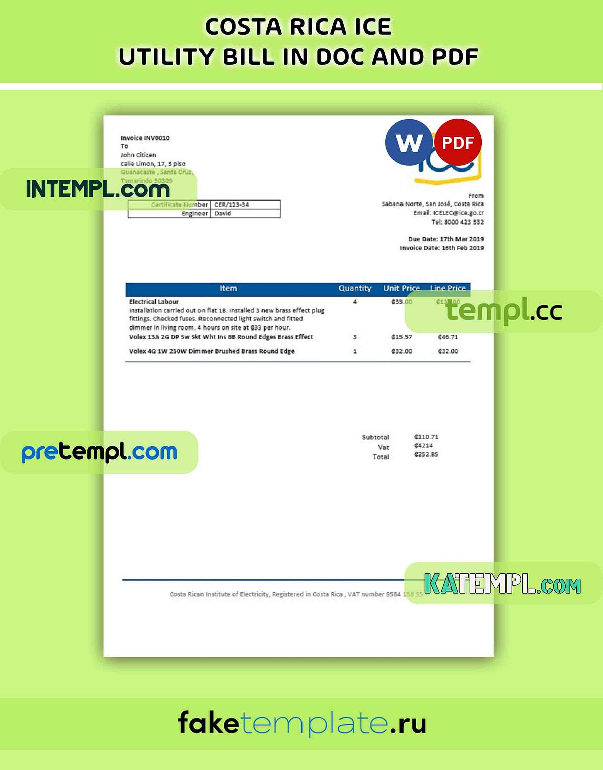 Costa Rica Costa Rican Institute of Electricity utility bill template ...