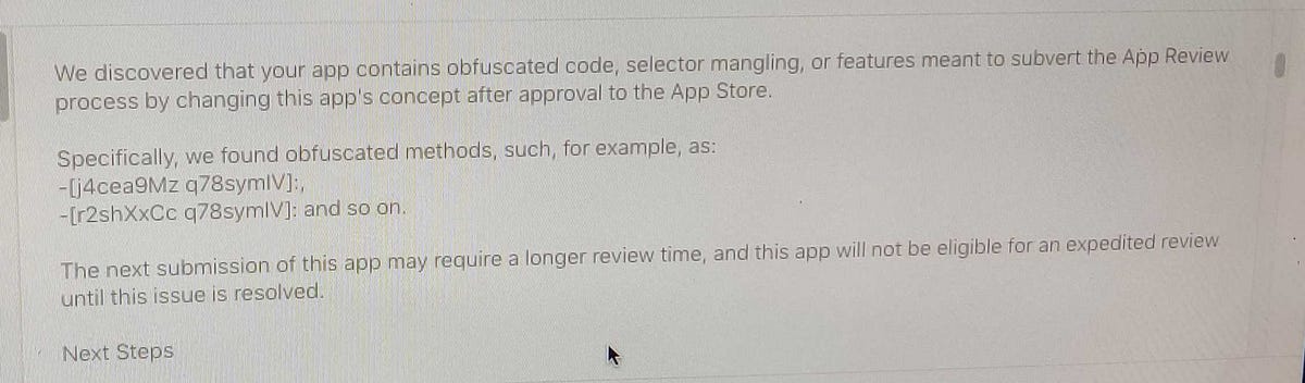 iOS App Rejected- Guideline 2.3.1 -Performance -Removing obfuscated code, selector mangling | by ...