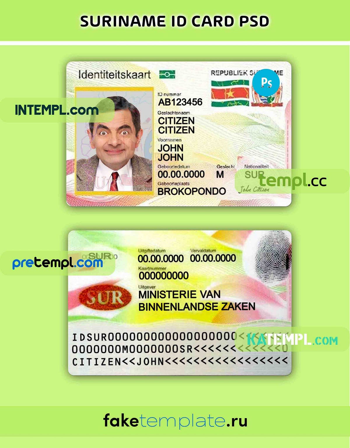Suriname identity card PSD download template - Id intempl - Medium