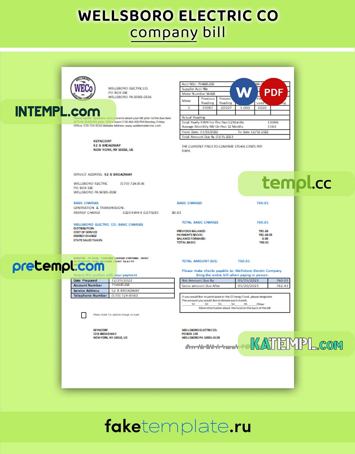 Wellsboro Electric Co business utility bill, Word and PDF template | by ...