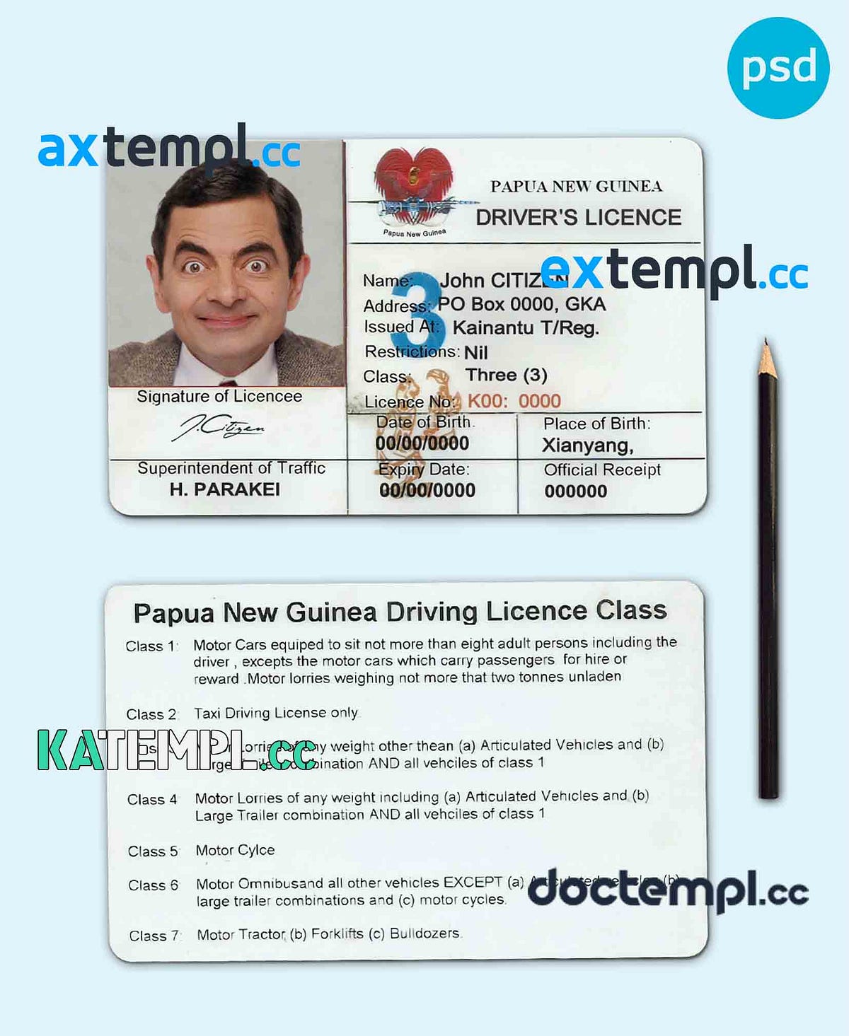 sample Papua New Guinea driving license template in PSD format download ...