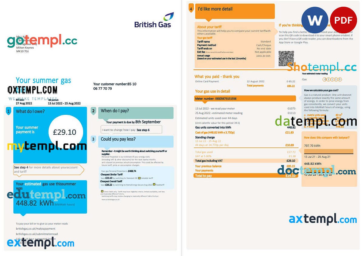 United Kingdom British Gas utility bill, Word and PDF template, 4 pages ...