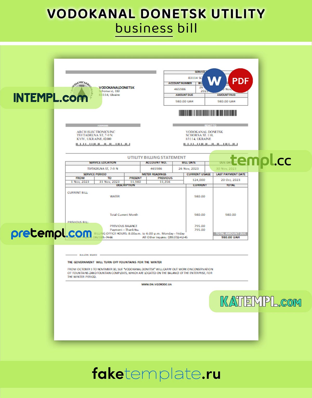 Vodokanal Donetsk business utility bill, Word and PDF template | by Storeintempl | Feb, 2024 ...