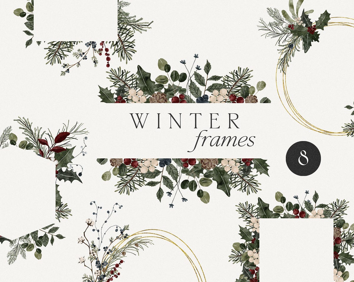 Watercolor Christmas floral winter frame clipart, Winter holiday frame ...
