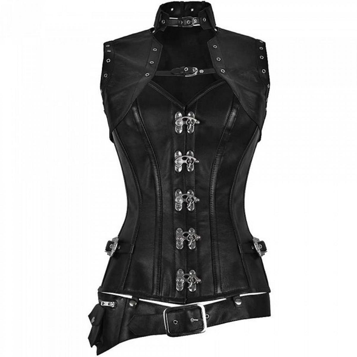 Women Steampunk Overbust Shoulder Leather Corset - Blackcolor - Medium