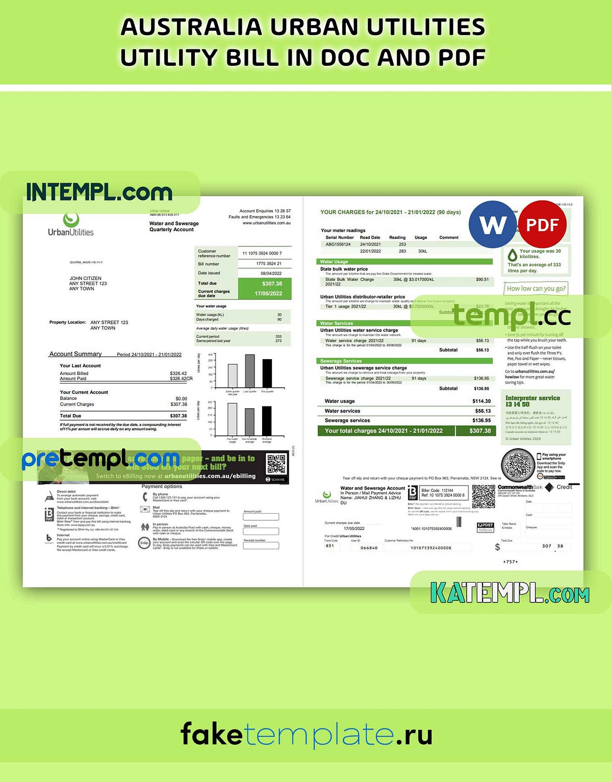 Australian Urban Utilities .doc and .pdf utility bill download example ...