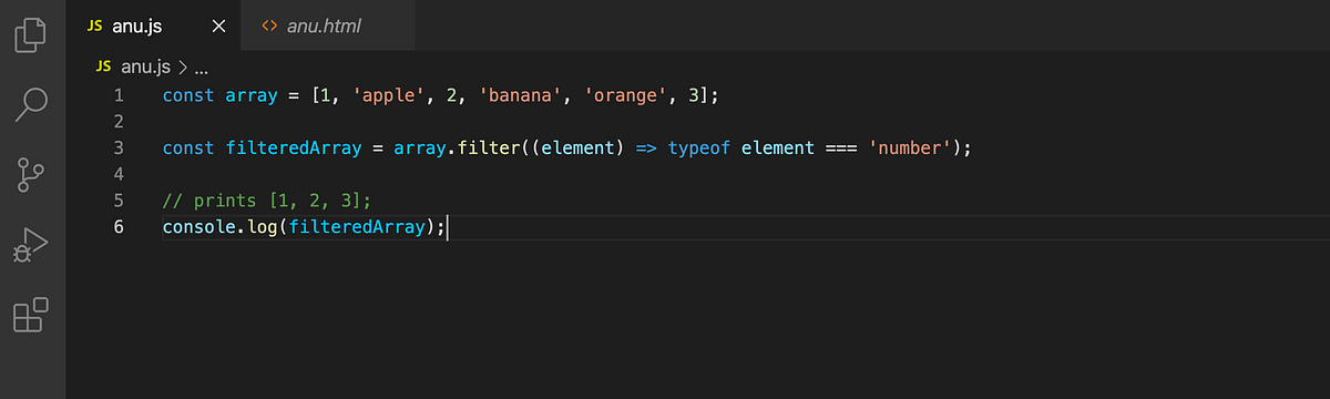 Filter out numbers from an Array Input: [1, ‘apple’, 2, ‘banana’, ‘orange’, 3] Output: [1, 2, 3 ...