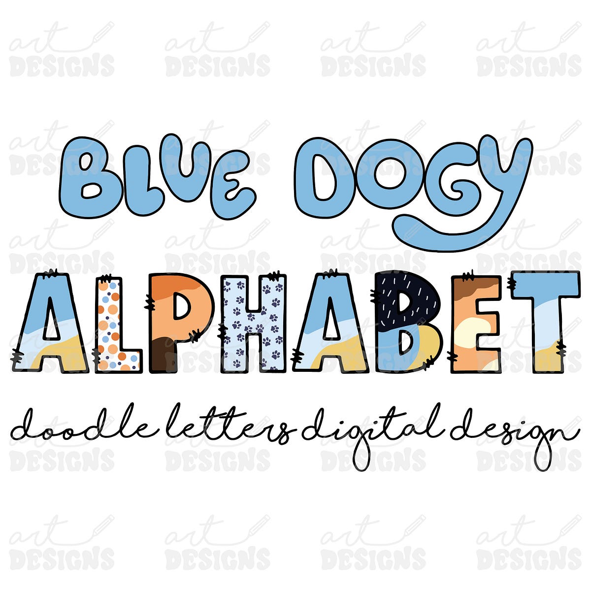Blue Dog Mixed Designs Doodle Letters + Clipart Elements, Uppercase ...