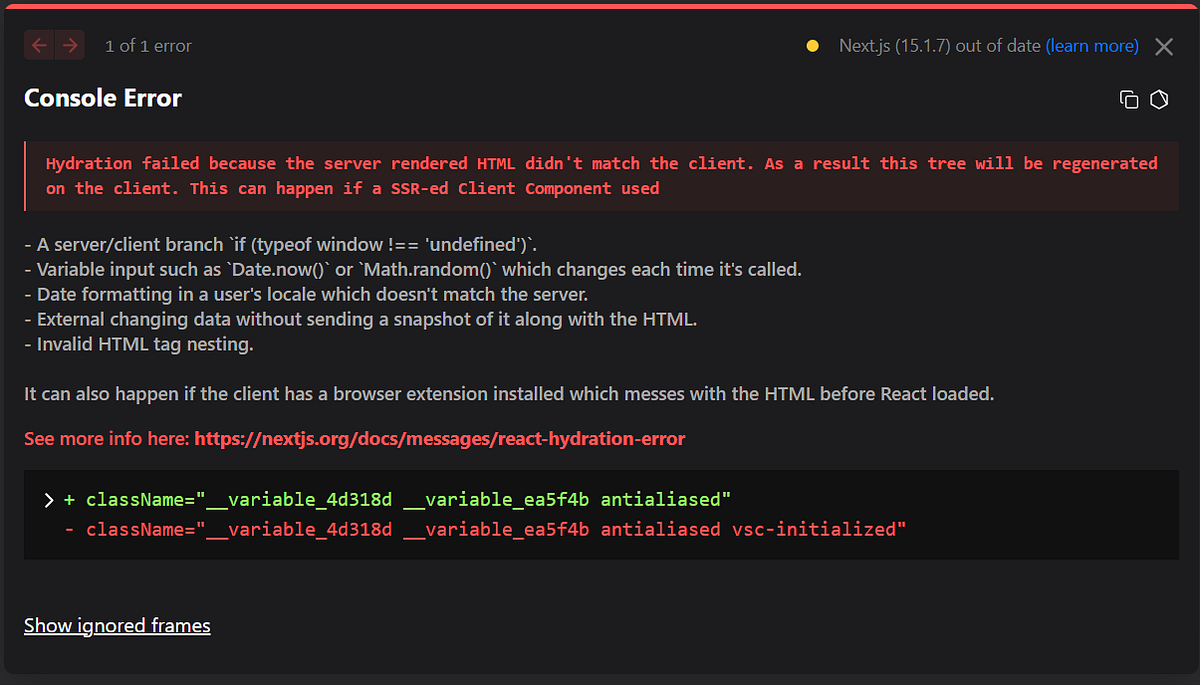 Hydration failed because the server rendered HTML didn’t match the client …. | by Shivankar ...