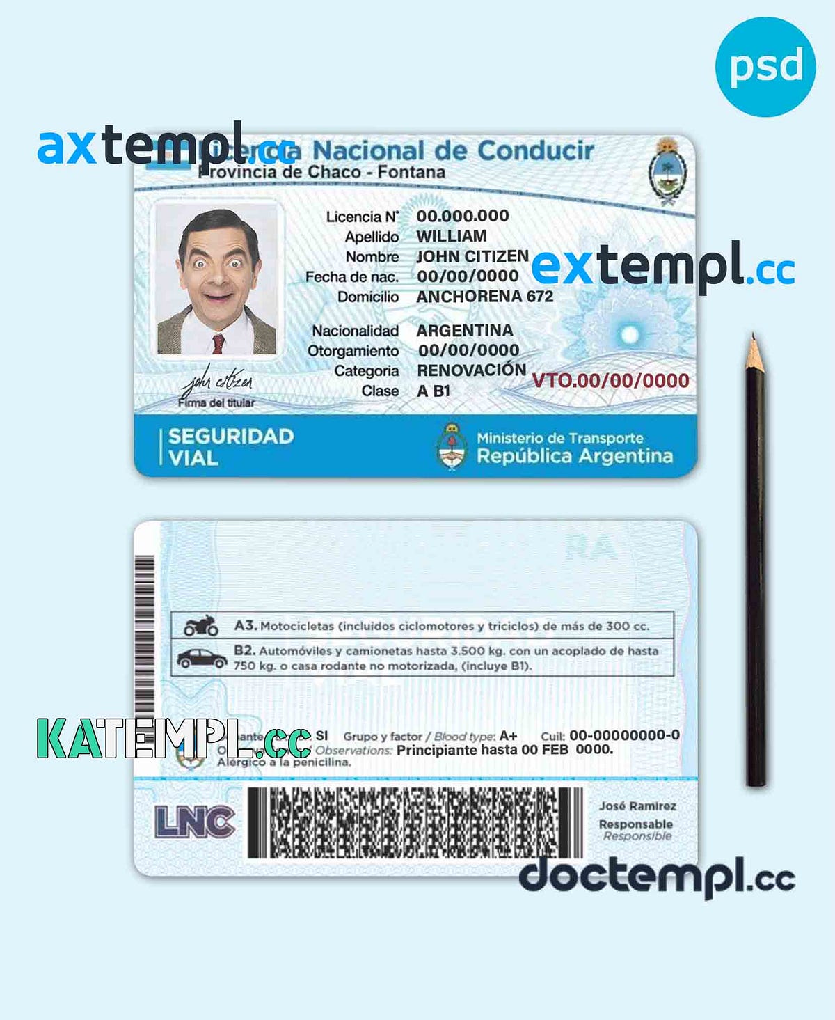 sample Argentina driving license template in PSD format, fully editable ...