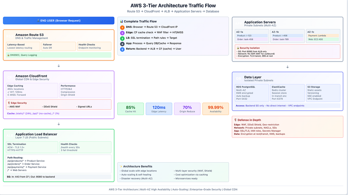 Traffic Flow in a 3-Tier AWS Architecture: Route 53 → CloudFront → ALB | by Thamotharan NK ...