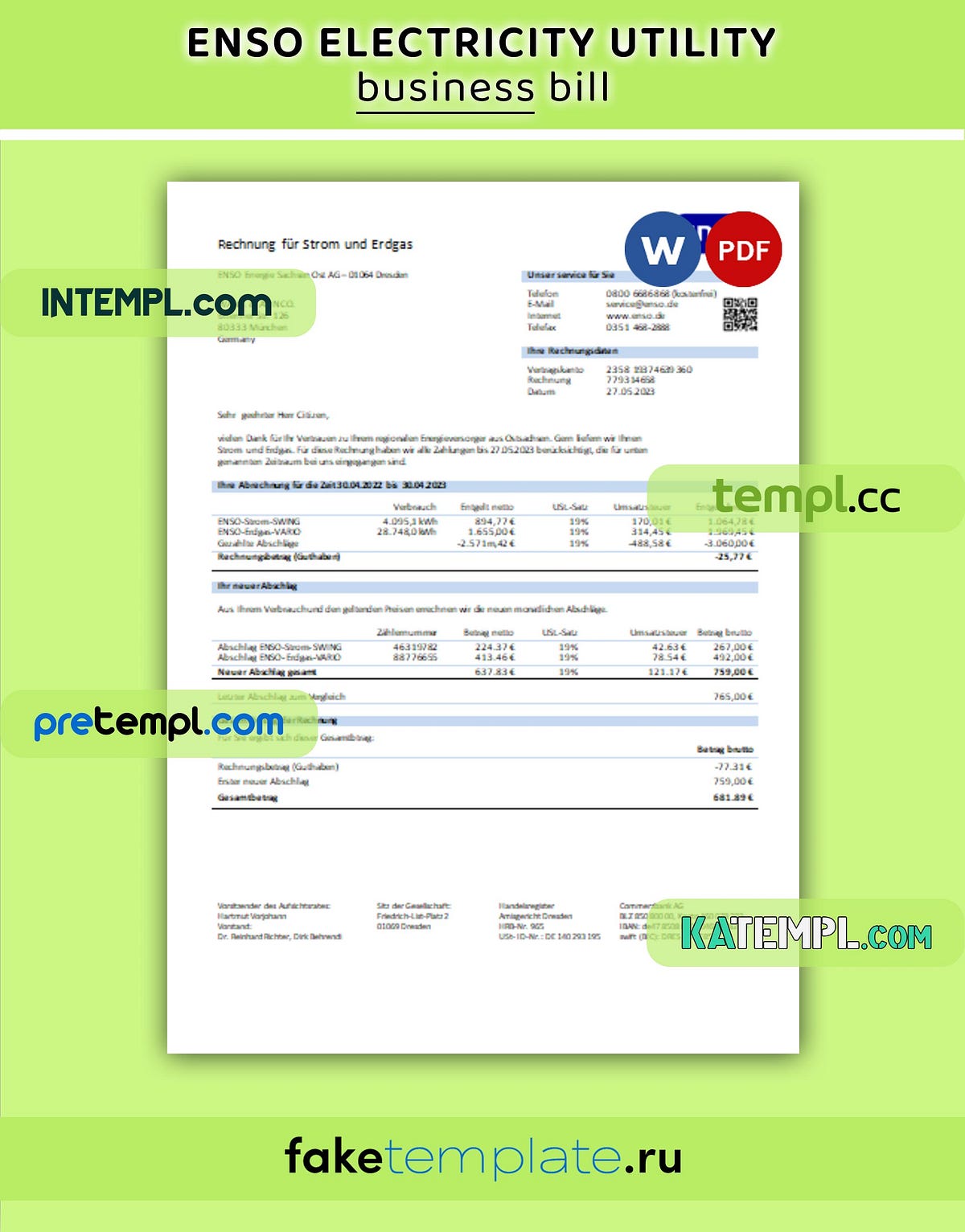 ENSO electricity business utility bill, Word and PDF template | by ...
