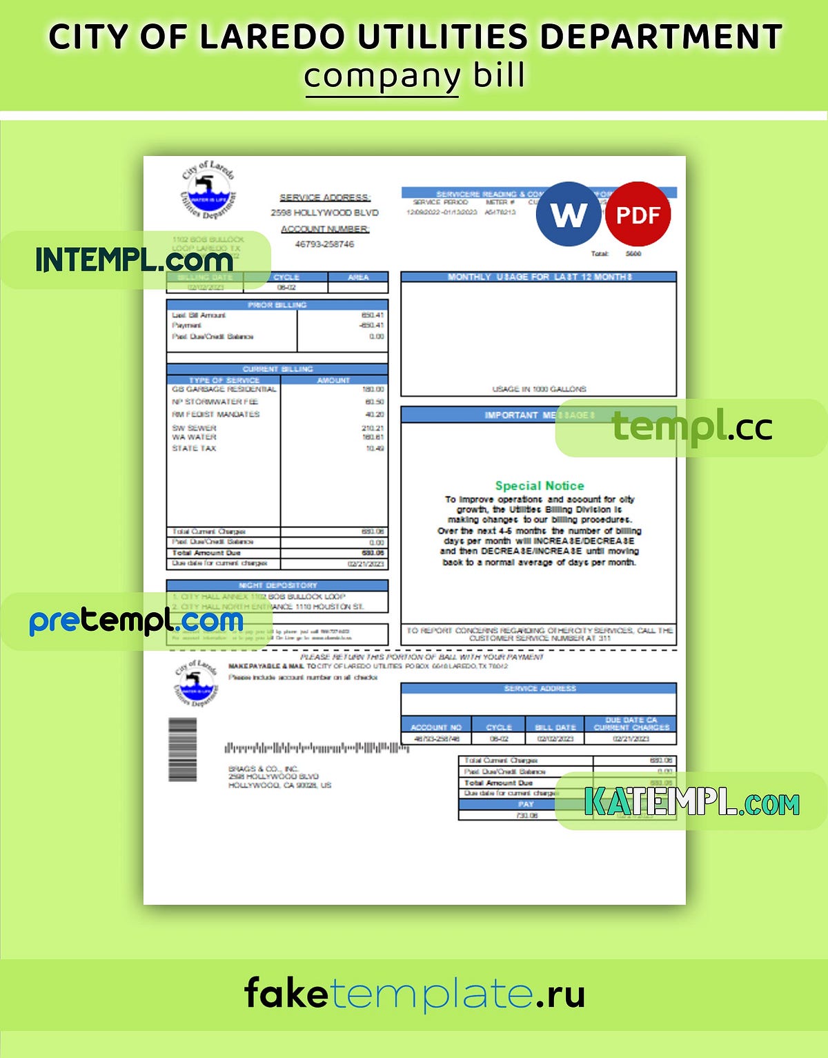 City of Laredo Utilities Department water business utility bill, Word ...