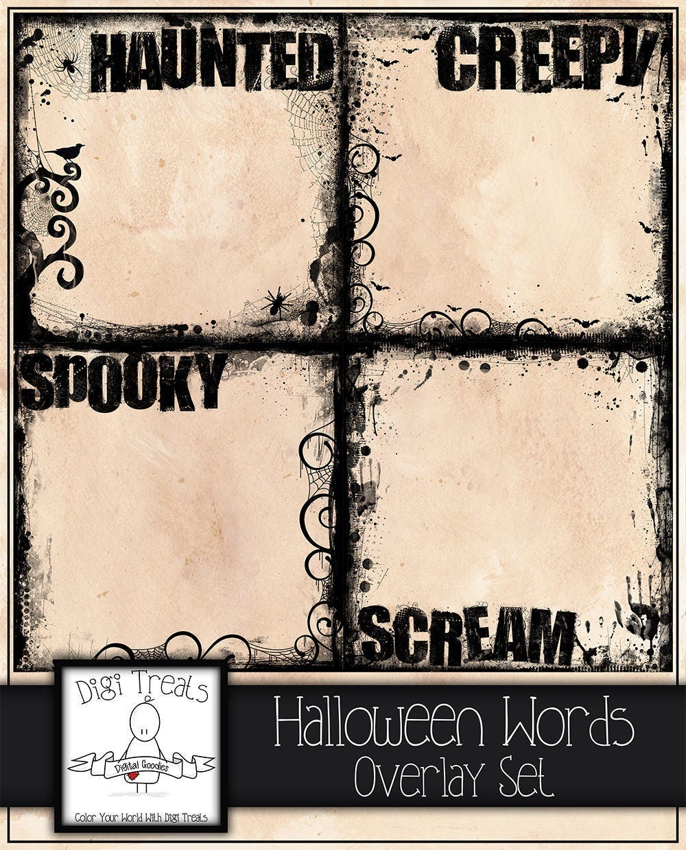 Halloween Word Overlays Set, 4 Scrapbook border overlays, Photo frame ...