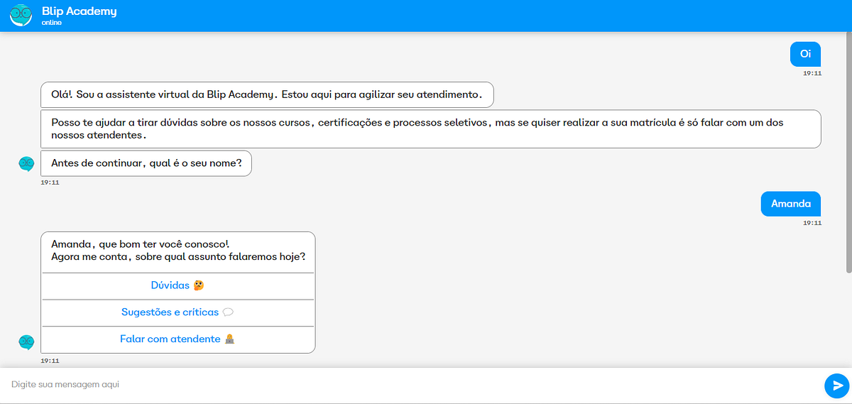 Construindo um chatbot para Blip Academy | by Amanda Gil | Medium