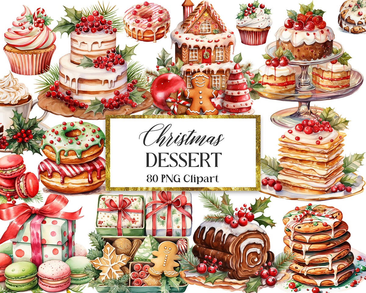 Christmas Dessert PNG Bundle, Watercolor Christmas Sweets Clipart ...