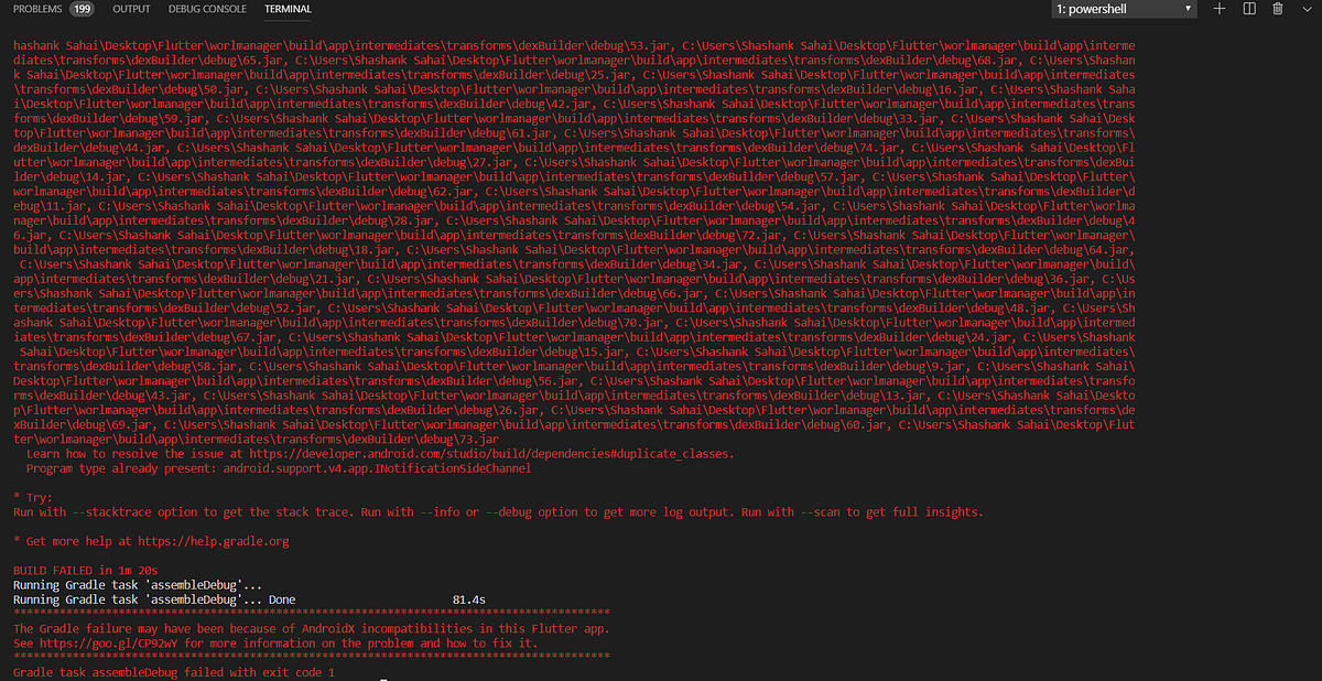 The Gradle failure may have been because of AndroidX incompatibilities in this Flutter app ...