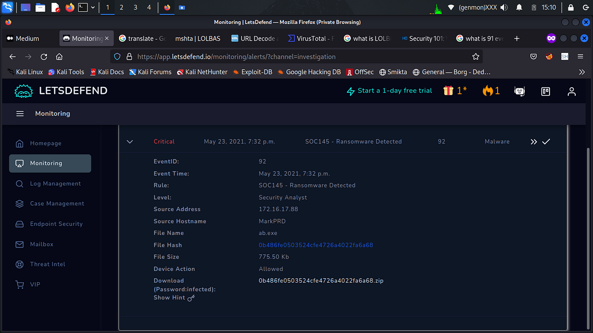 Step 1 Event Id 92 Malicious Faylin Ab Exe Nin Alert Seklinde Gelmesi
