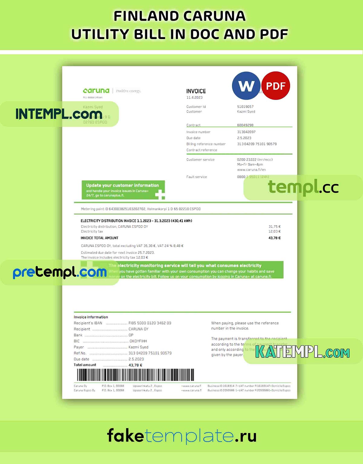 FINLAND,FINLANDFINLAND CARUNA utility bill Word and PDF template | by ...