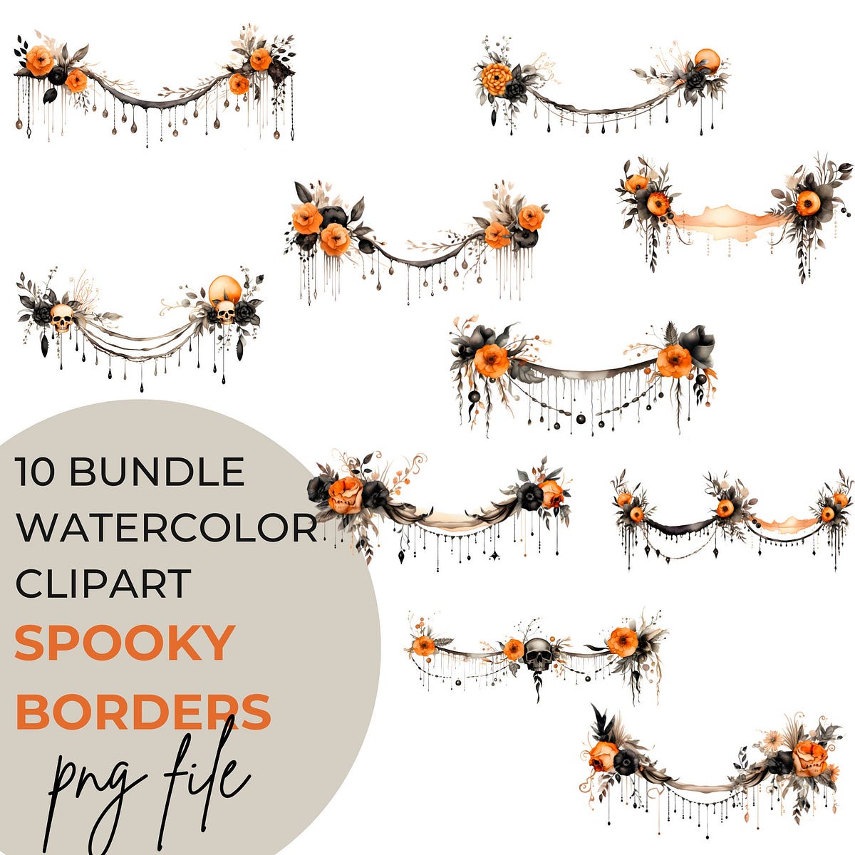 PNG Watercolor Halloween Border Clipart Bundle of 10 pumpkin ...